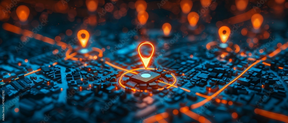 Dynamic Geospatial Map with Location Intelligence. Glowing Neon Map Pin ...