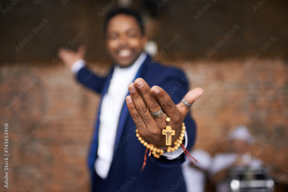 Black man, christianity and hands with cross at church for holy welcome ...