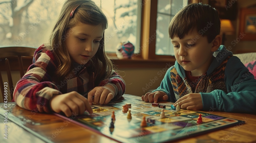 Siblings competing and supporting each other in a playful board game ...