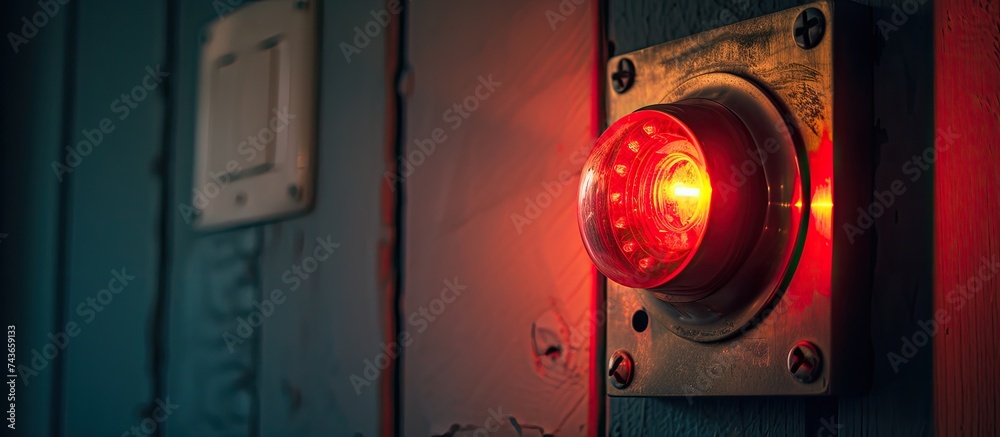 This close-up shot showcases a vintage alarm system mounted on a wall ...