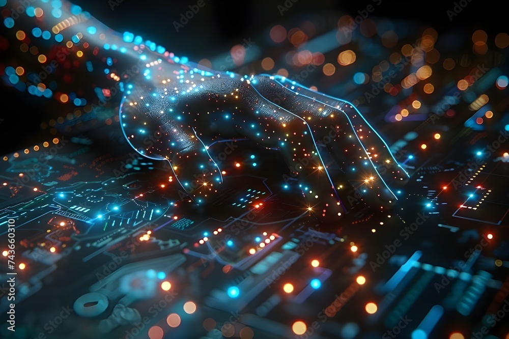 Hands entwined with digital codes and locks, the dynamic essence of ...