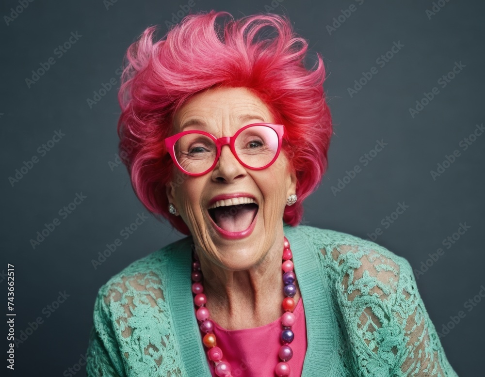 Crazy granny with glasses and pink hair is laughing with her mouth wide ...