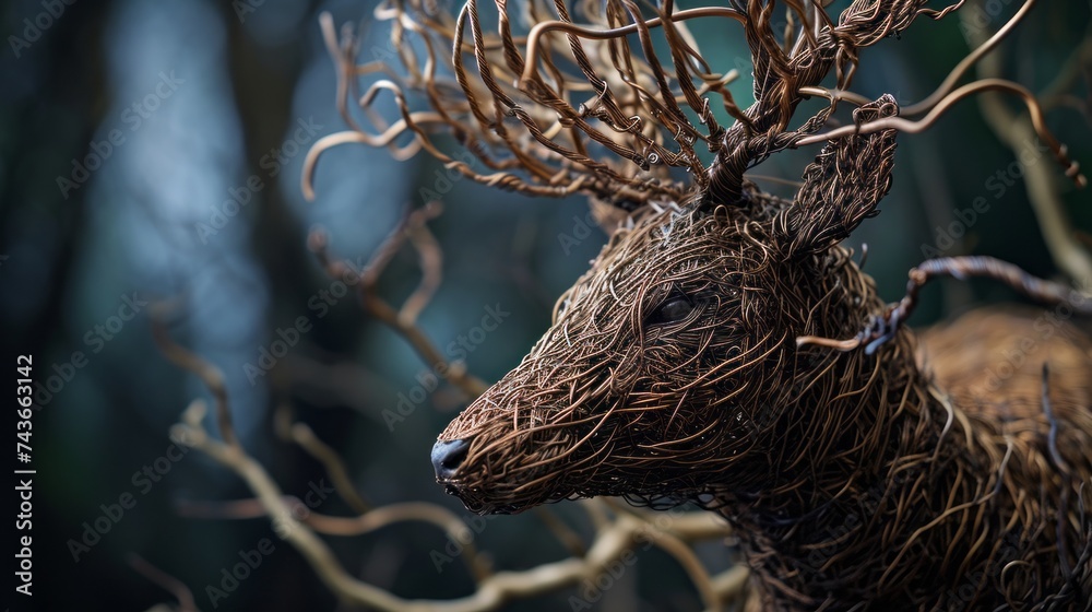 Intricate Wire Sculpture of a Majestic Stag in a Dark Forest Setting ...