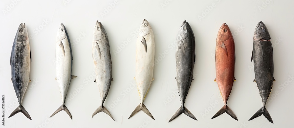 A row of five different types of fish, including Bonito skipjack tuna ...