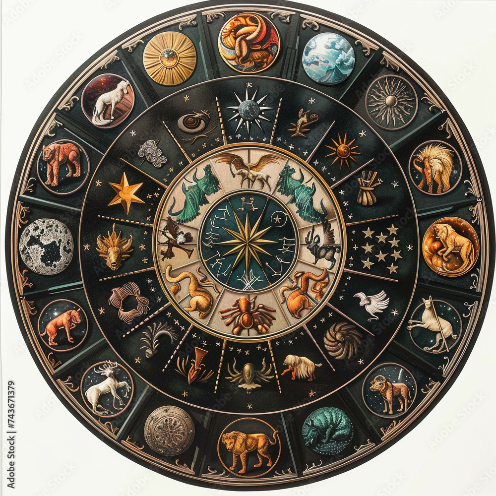 Zodiac wheel detailed illustrations of each sign with symbolic elements ...