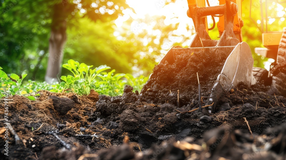 Backhoe on construction site. With its sturdy tires and robust frame ...