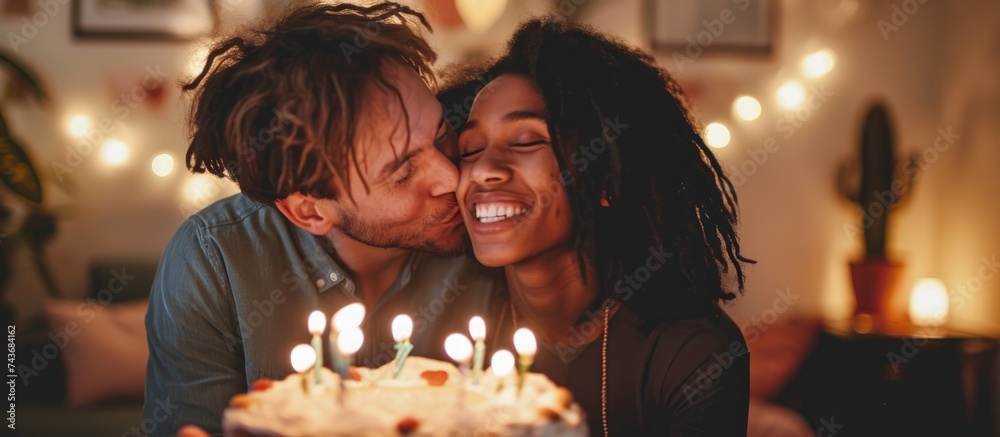 Happy interracial couple celebrating a birthday together, sharing kisses, smiles, and love at ...