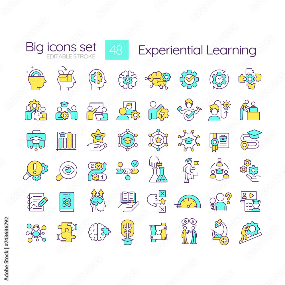 Experiential learning blue RGB color icons set. Practical education ...