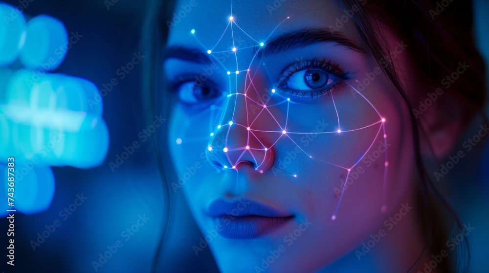 Woman with futuristic augmented reality facial recognition ...