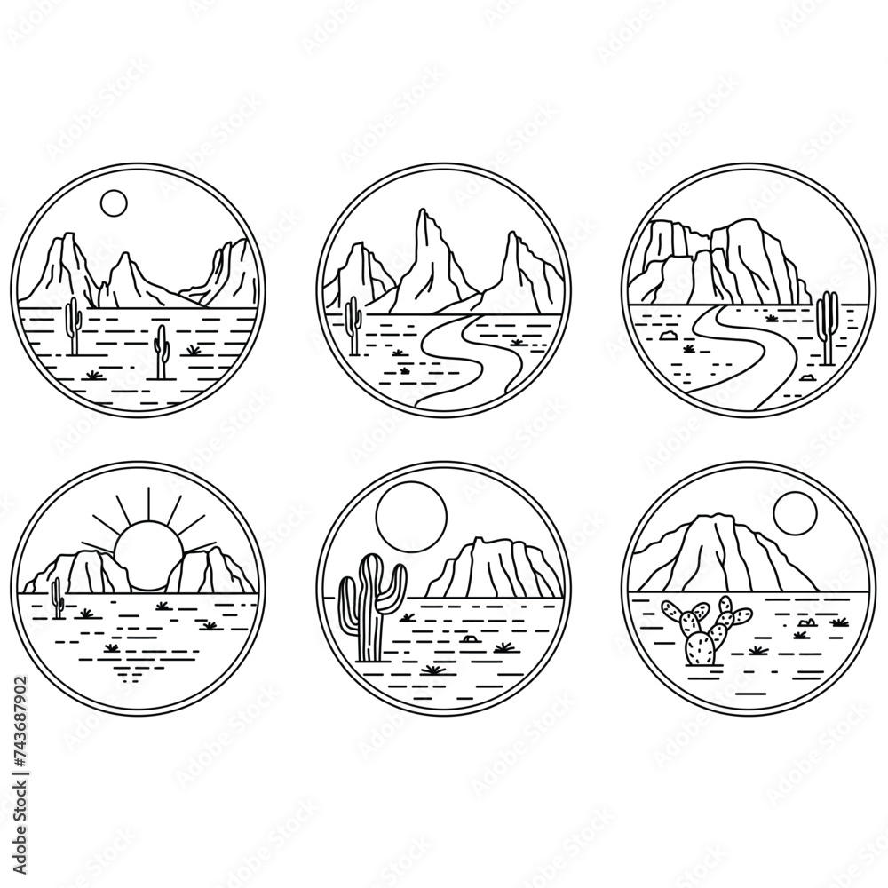 Set of desert line art vector illustration. Desert line art in circle ...