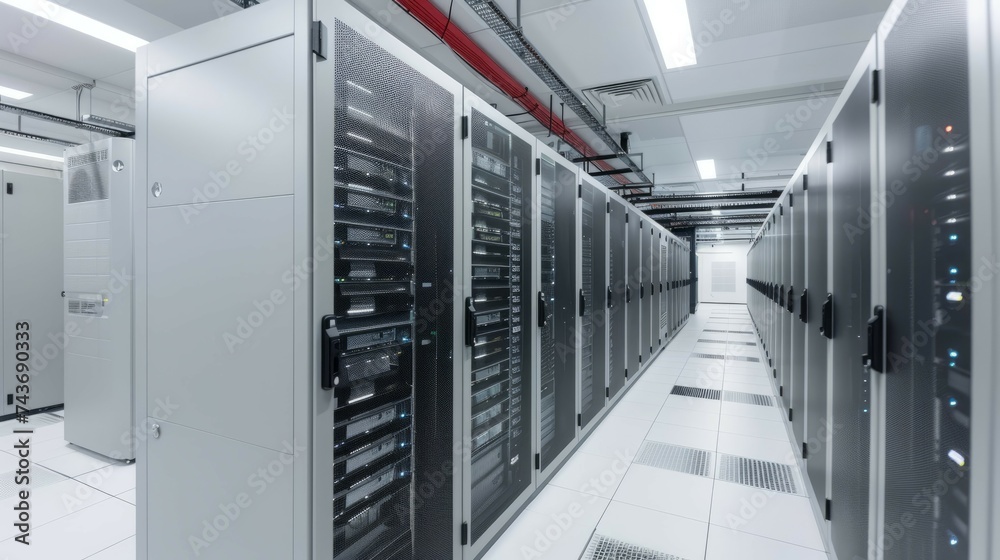 Neatly arranged data center with white server racks, emphasizing ...