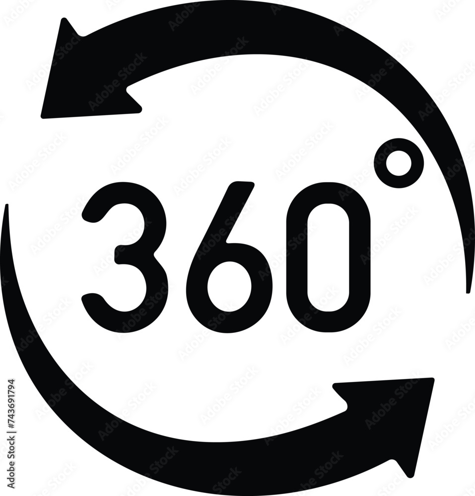 360 degree vector icon. Round signs with arrows rotation angle to three ...