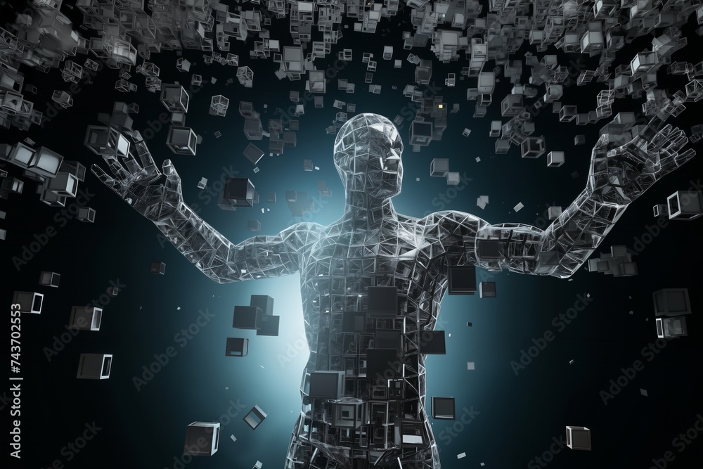 a robot with human body made of disintegrating squares and cubes ...