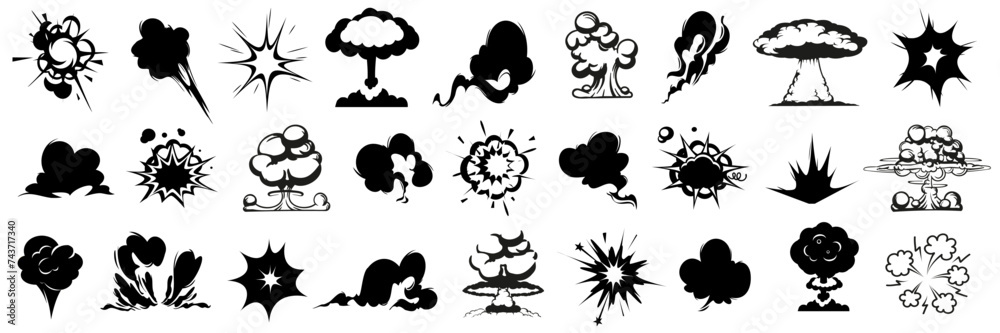Explosions cloud collection in black. Explosion, burst fire effect of ...