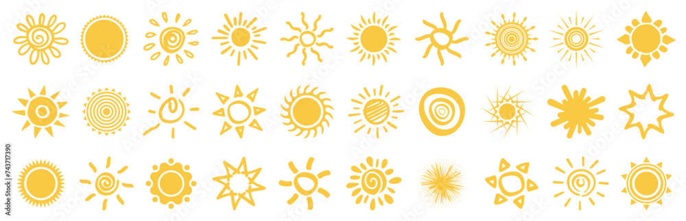 Sun icon collection. Set of abstract sun icons in hand drawing style ...