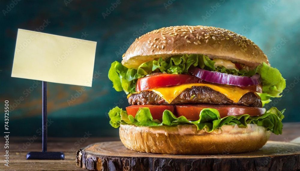 Hamburger with empty price tag stick, information label, french fries ...