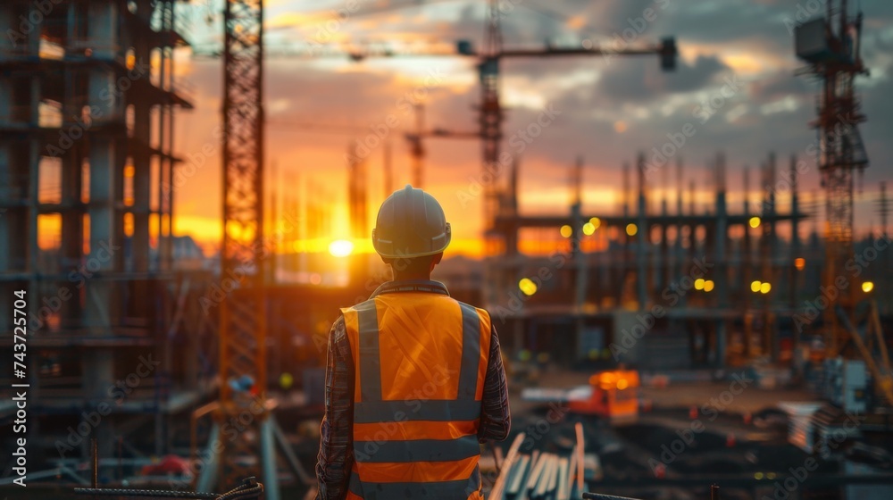 Corruption at a futuristic construction site back view of inspector ...