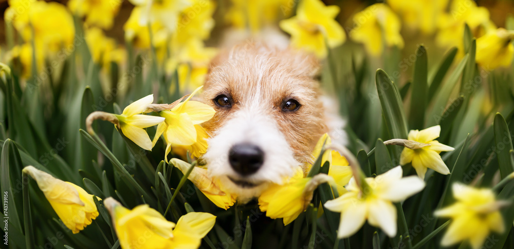 Poster Happy cute smiling dog puppy face in the daffodil flowers in ...
