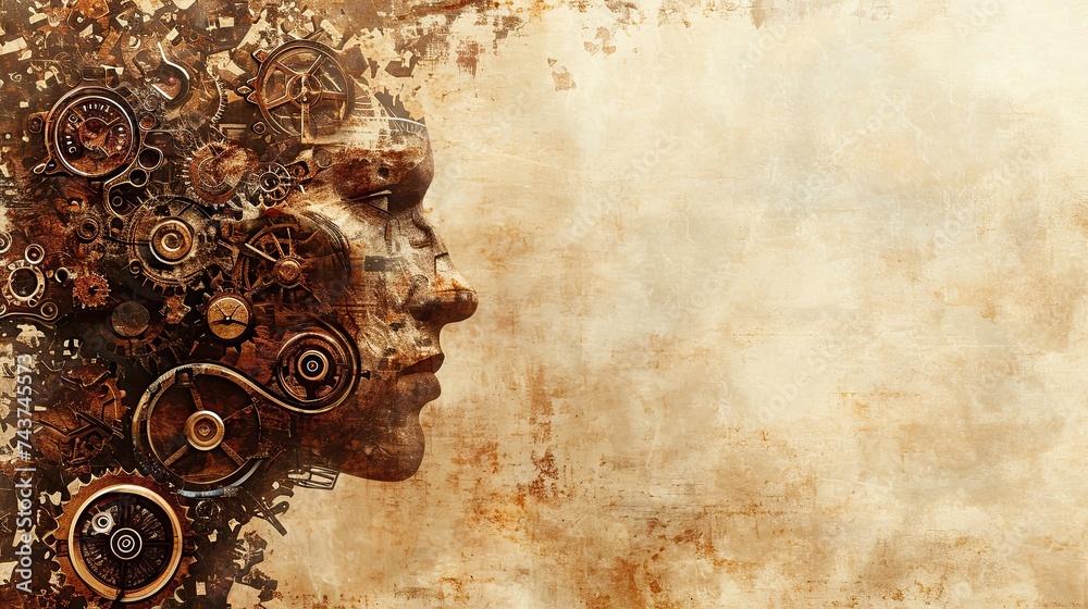 Abstract steampunk background with man portrait, gears, pipes ...