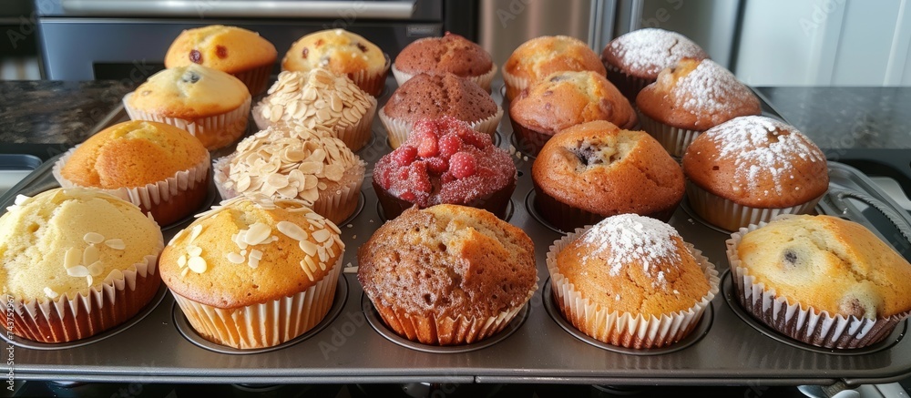 A collection of muffins resting on a tray, showcasing various flavors ...
