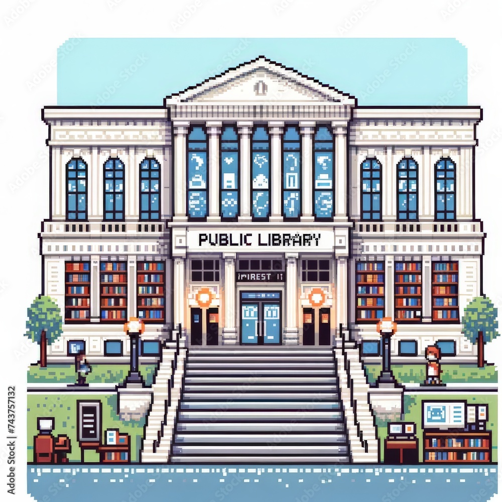 Pixel art of public library building with a white background, in the ...