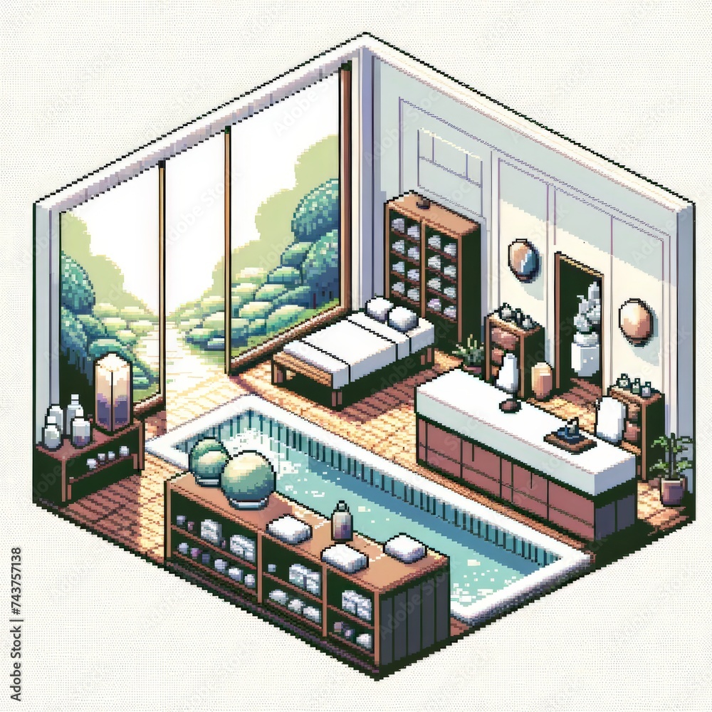 Pixel art of spa and wellness center with a white background, in the ...
