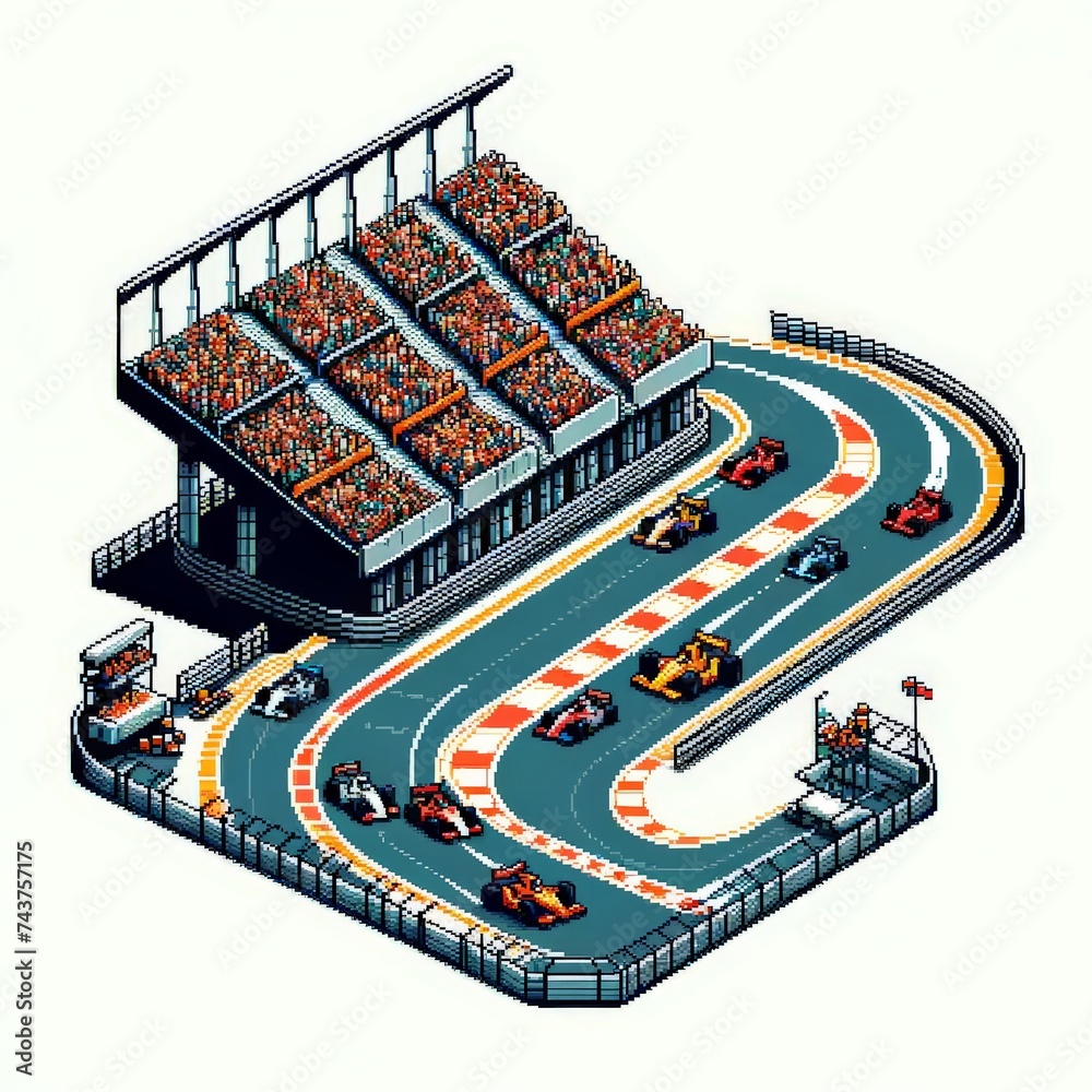 Pixel art of racetrack with a white background, in the style of early ...