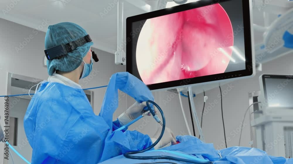 A female doctor performs a laparoscopic surgery on a patient, observing ...