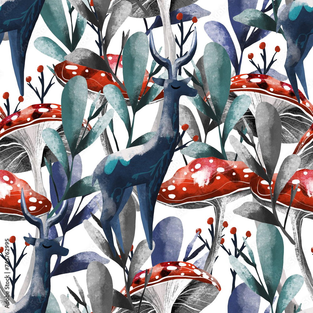 Seamless botanical pattern. Deer. Different herbs and flowers, hand ...