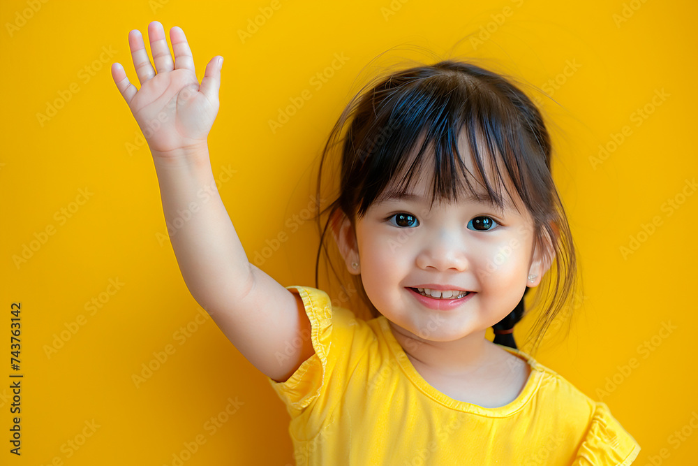 Beautiful little girl with waving hand saying hello isolated on yellow ...