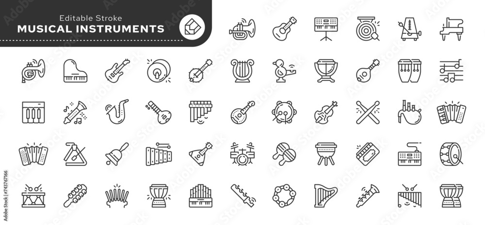 Set of line icons in linear style. Set - Musical instruments. Music ...