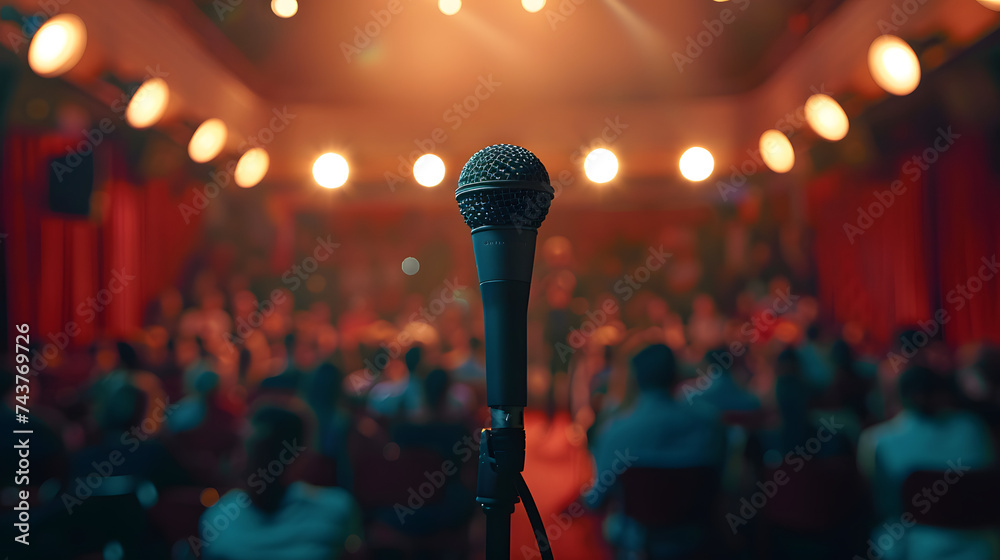 A single microphone on a stand is highlighted by a spotlight against a ...