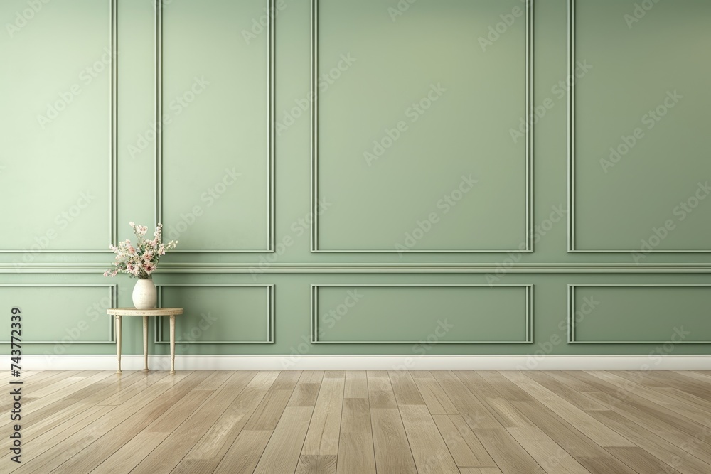 Sage green classic wainscoted wall with moldings in an empty room with ...