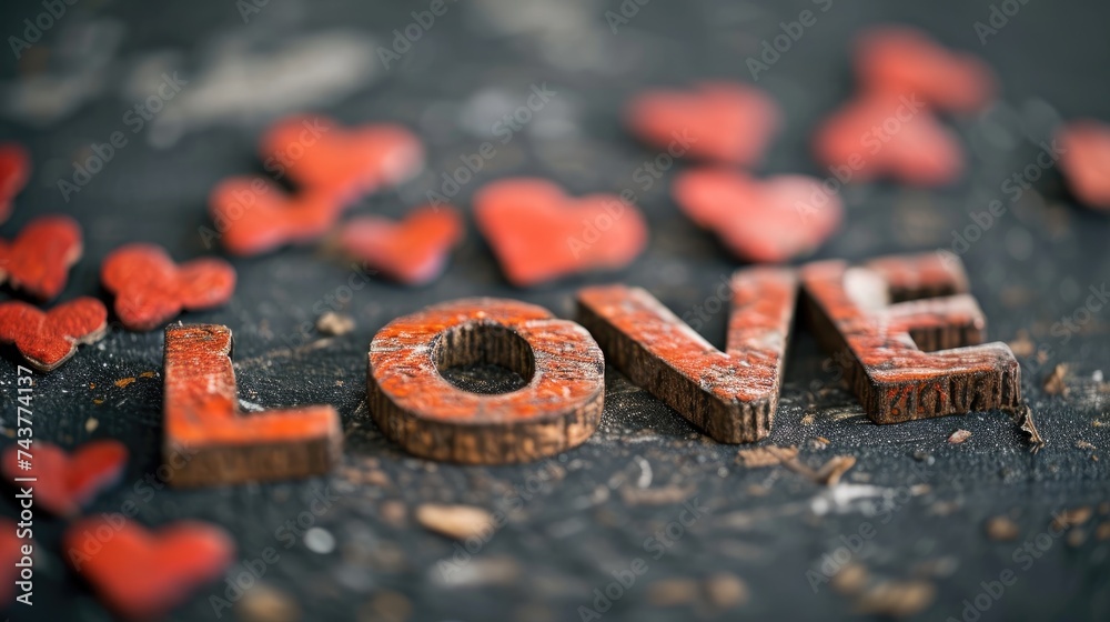 The word love is creatively spelled out using small red hearts ...