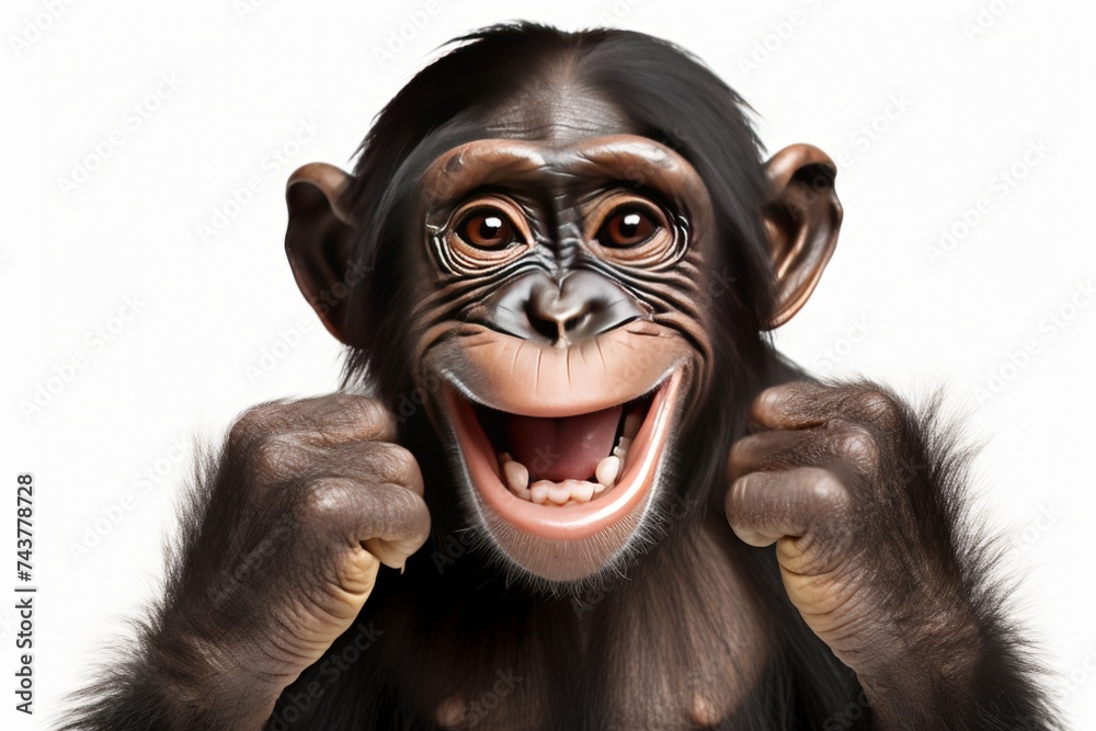 Happy laughing funny monkey portrait. Chimpanzee with hand fingers ...