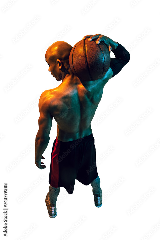 Aerial back view image of young Africa-American man, shirtless ...