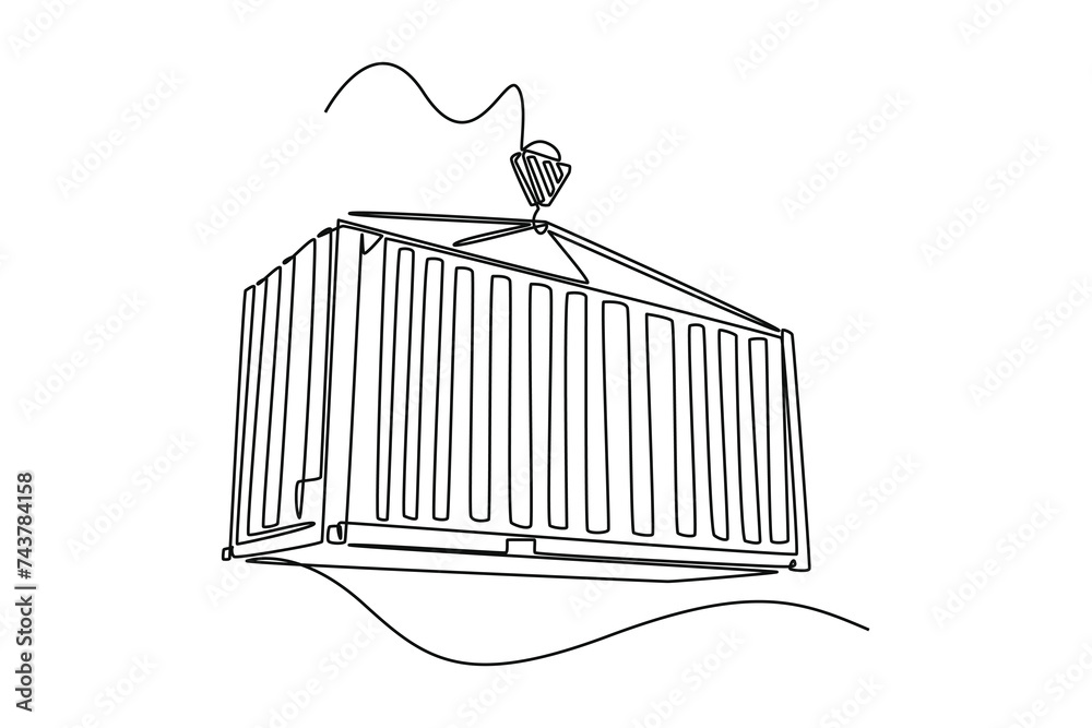 One line drawing of container boxes are hung by cranes. Courier cargo ...