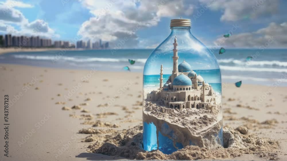 The earth with its luxurious mosque melts inside a water bottle stuck ...