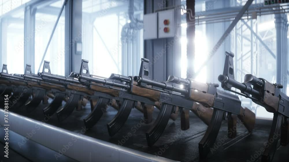 Russian machine gun AK 47 production factory. War concept. Realistic 4k animation. Stock Video ...