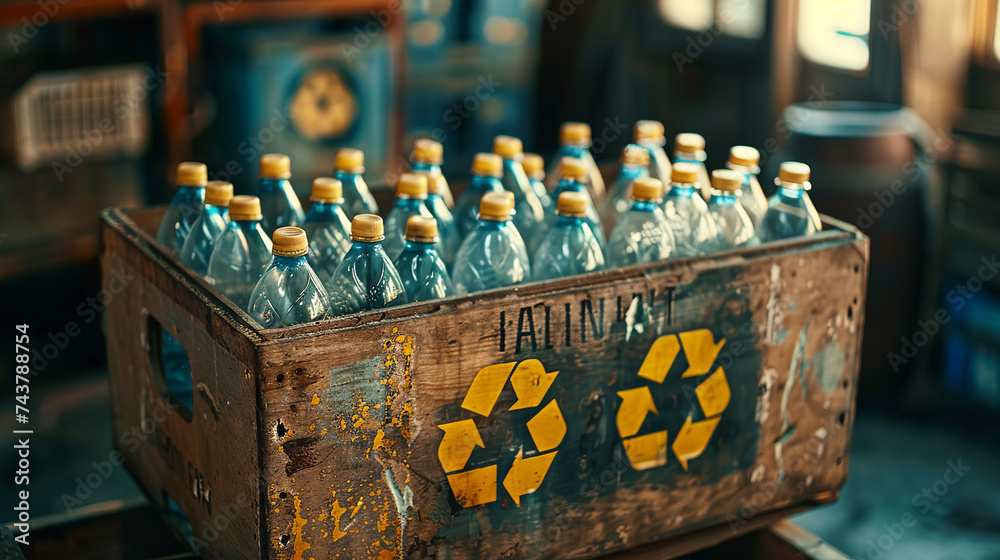 Box with bottles for return for plastic and glass recycling. Throwing ...