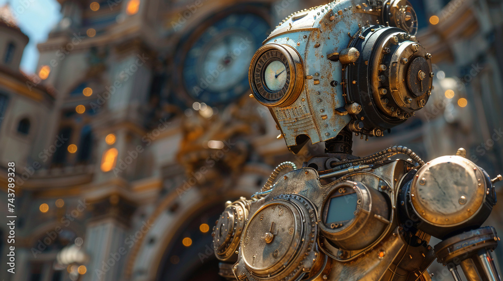 A mechanical robot with intricate clockwork gears its movements ...
