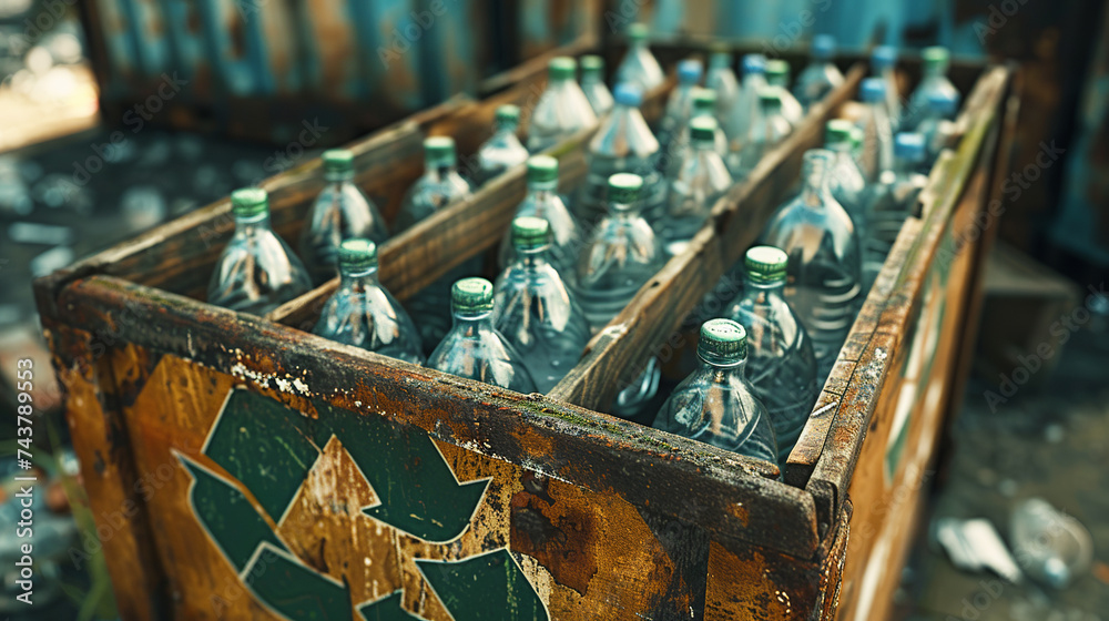 Box with bottles for return for plastic and glass recycling. Throwing ...