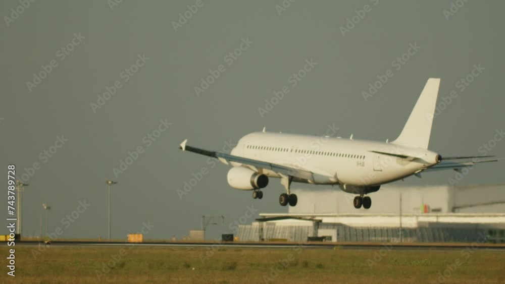 Slow-motion of a big passenger plane landing on the runway in airport ...