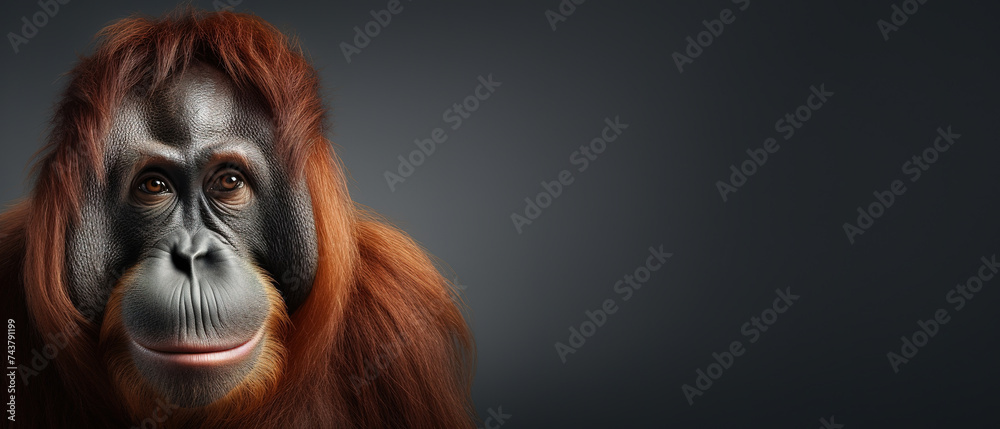 Front view of Orangutan on dark gray background. Wild animals banner ...