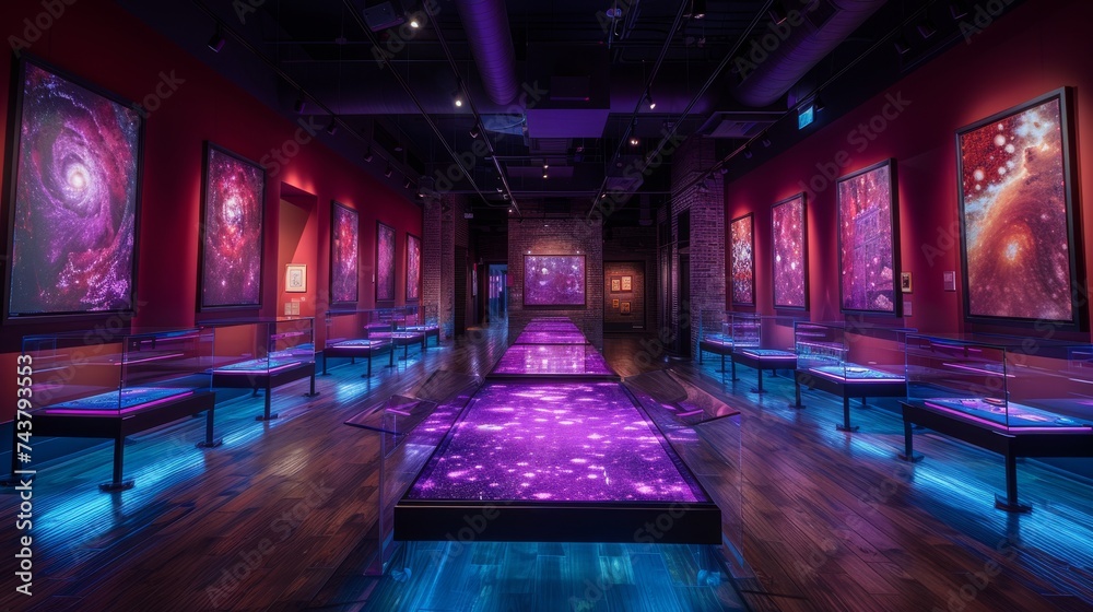 Violet shadows cast a dynamic glow in a museum where each exhibit tells ...