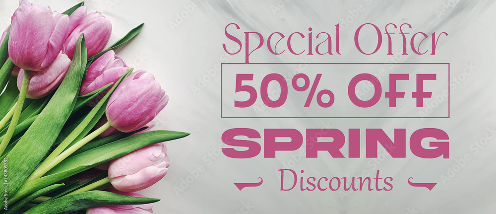 Special offer 50 % off spring discounts banner with pink tulips spring ...