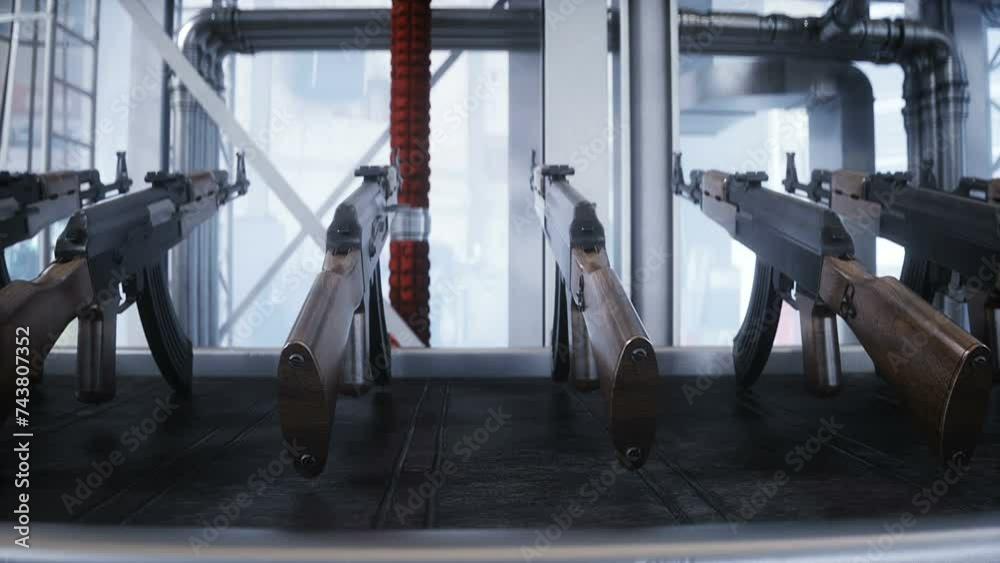 Russian machine gun AK 47 production factory. War concept. Realistic 4k ...