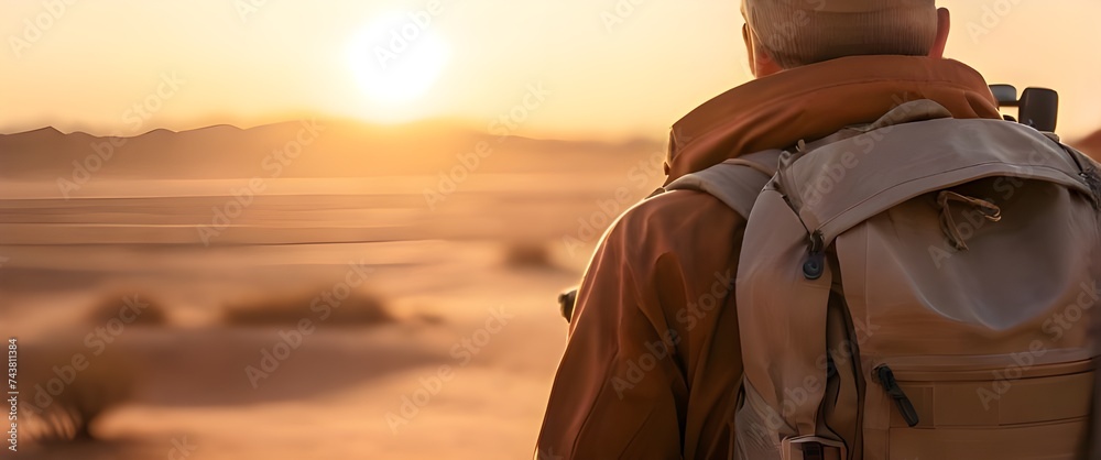 Back view of Explorer carrying a backpack and walking alone through the ...