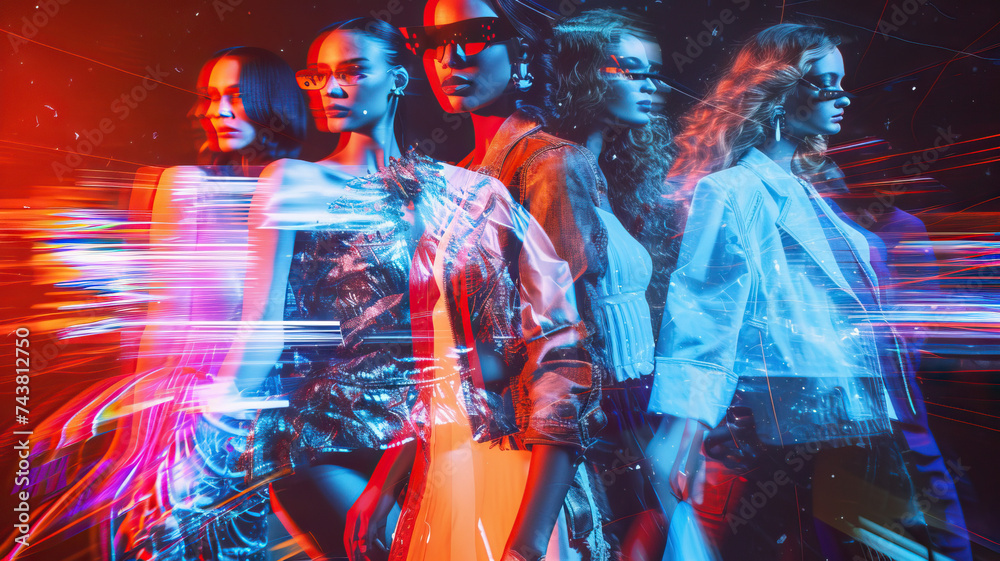 Glitchy Fashion Fusion: A collage of models striking dynamic poses in ...