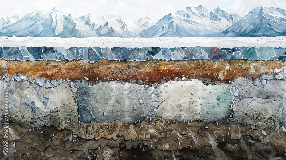 Cross-section of a permafrost layer showing soil, ice, and mineral ...